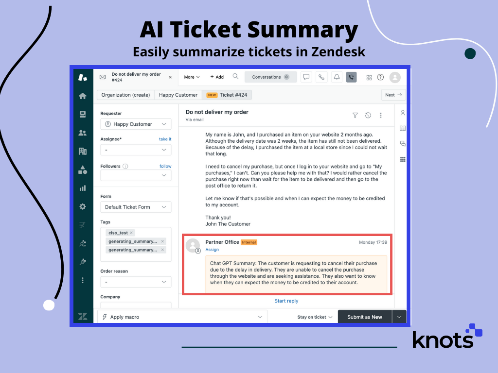 AI Ticket Summary by Knots App Integration with Zendesk Support